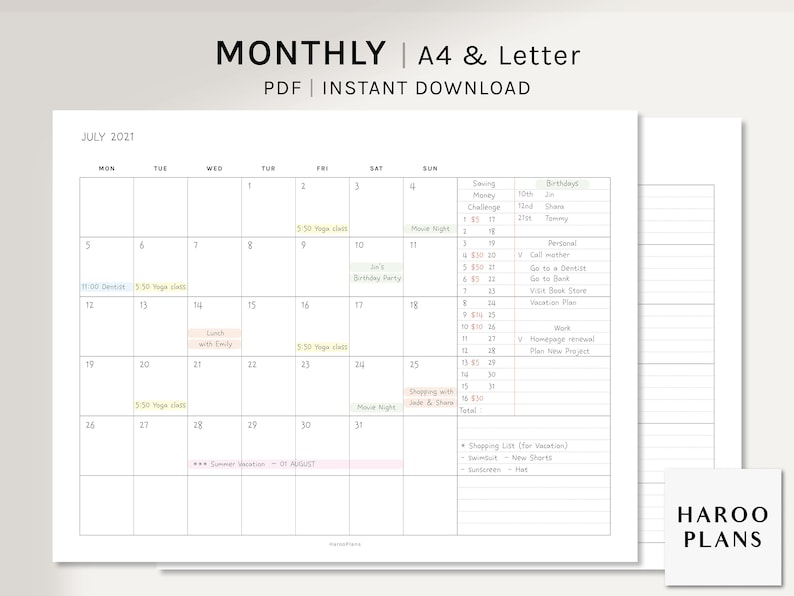 Undated Monthly Planner A4 US Letter Size Printable Planner | Etsy