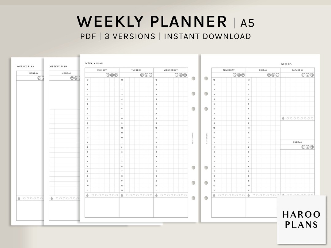 Weekly Planner | A5 Printable Planner Inserts | WO2P Layout Template ...