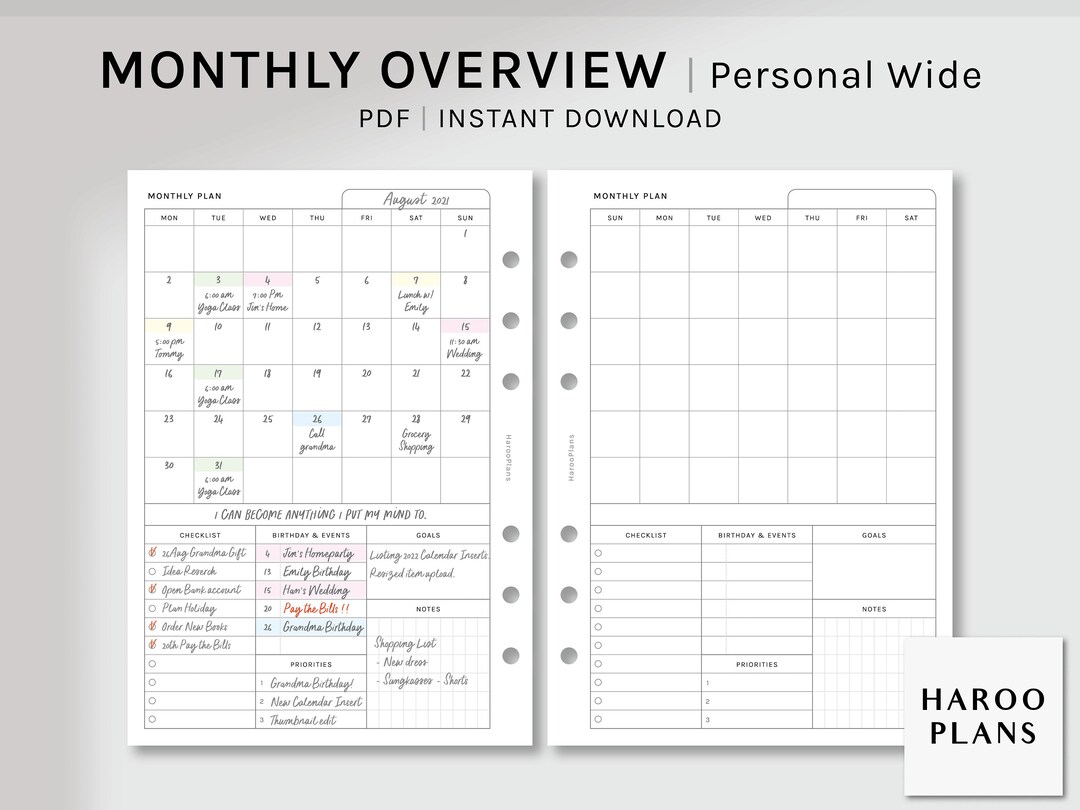 Monthly Overview | Personal Wide Printable Planner Inserts | MO1P Month ...