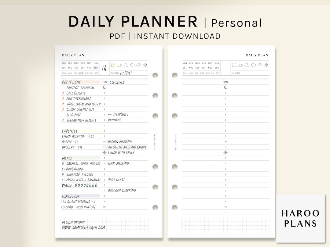 Daily Planner | Personal Printable Inserts | 24hours Schedule Template ...