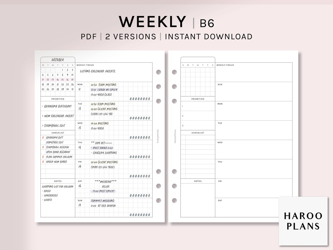 Undated Weekly | B6 Ring Printable Planner Inserts | WO1P Schedule ...