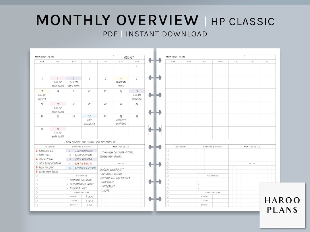 Monthly Overview | HP Classic Printable Happy Planner Inserts | MO1P ...