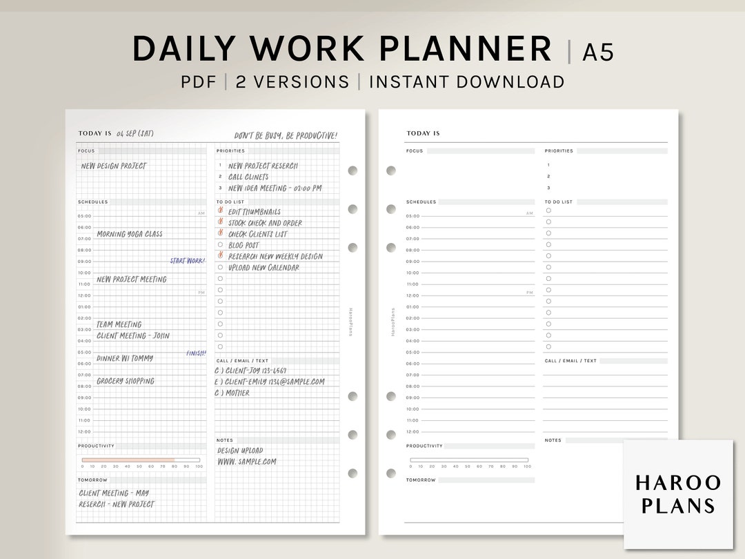 Daily Work Planner | A5 Printable Inserts | Productivity Organizer ...