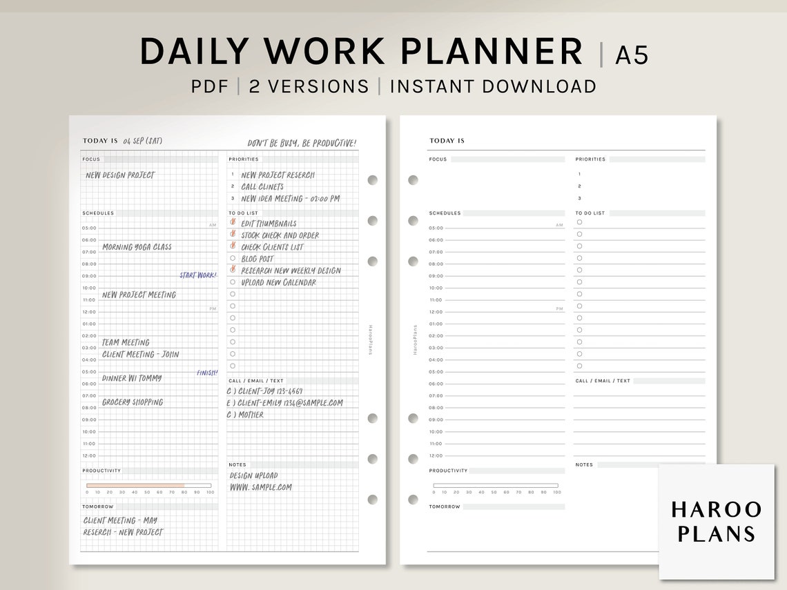 Daily Work Planner A5 Printable Inserts Productivity - Etsy
