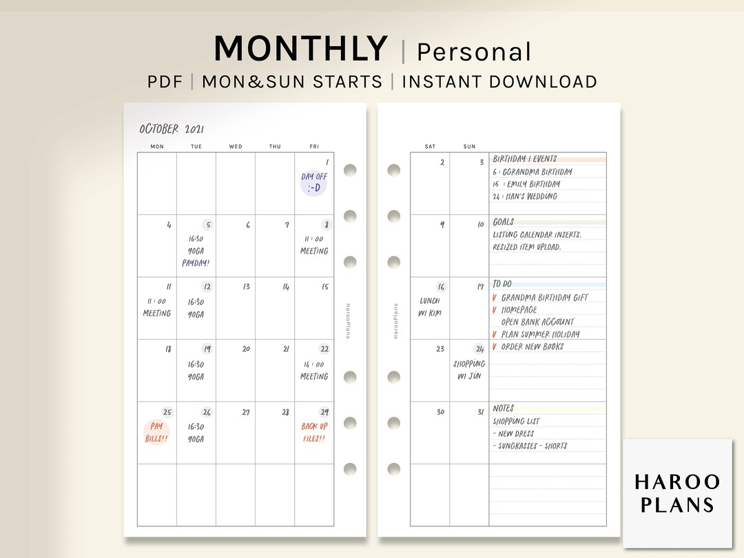 Undated Monthly Planner | Personal Size Printable Inserts | Simple MO2P ...