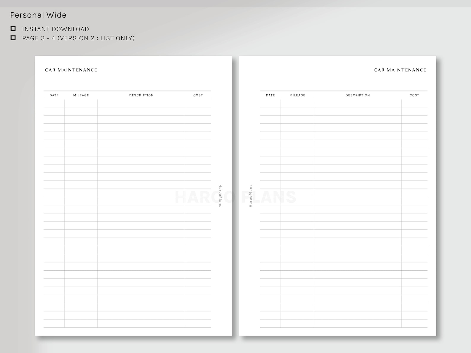 Car Maintenance Personal Wide Printable Planner Inserts - Etsy