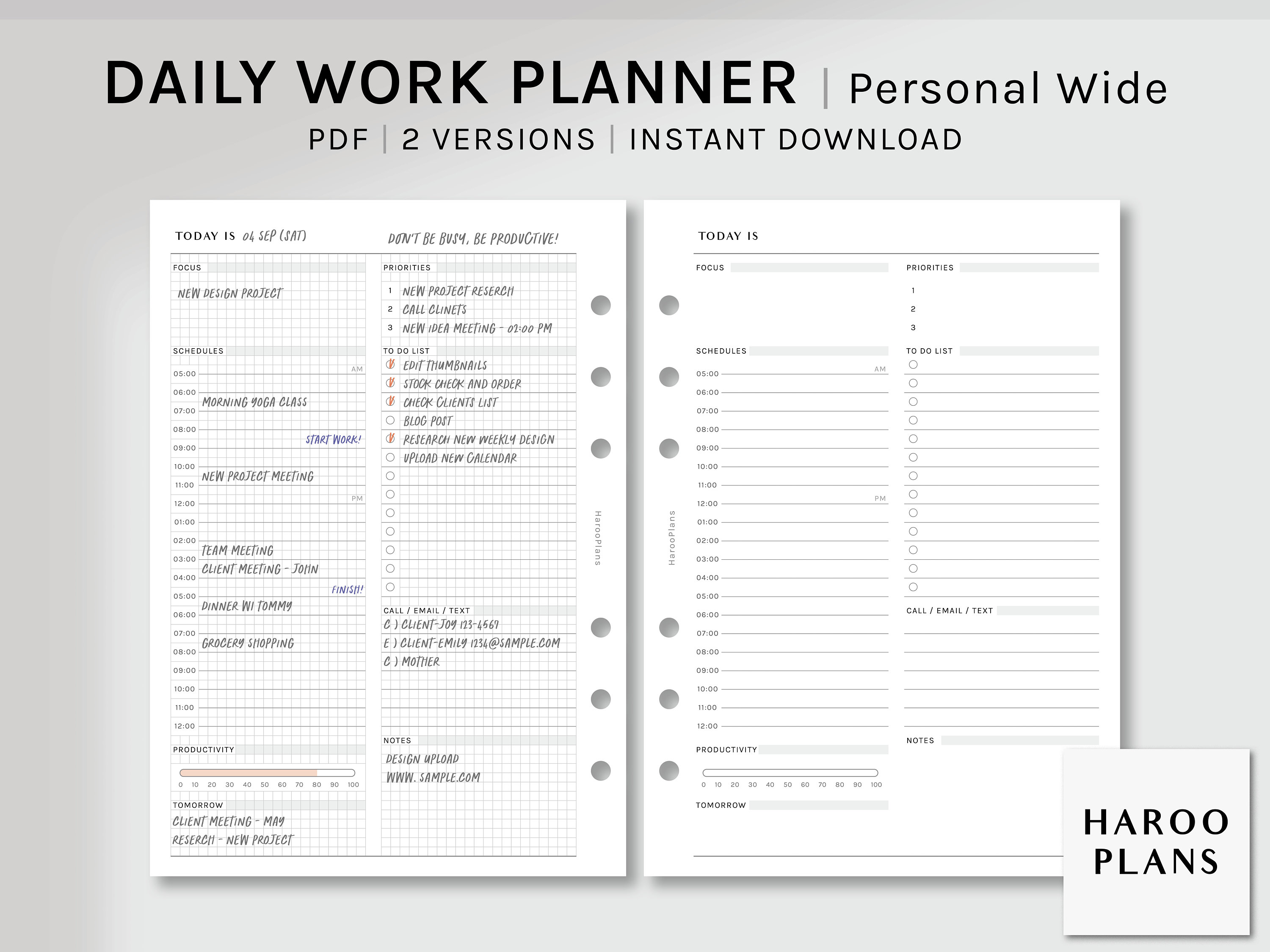 Daily Work Planner Personal Wide Printable Inserts | Etsy