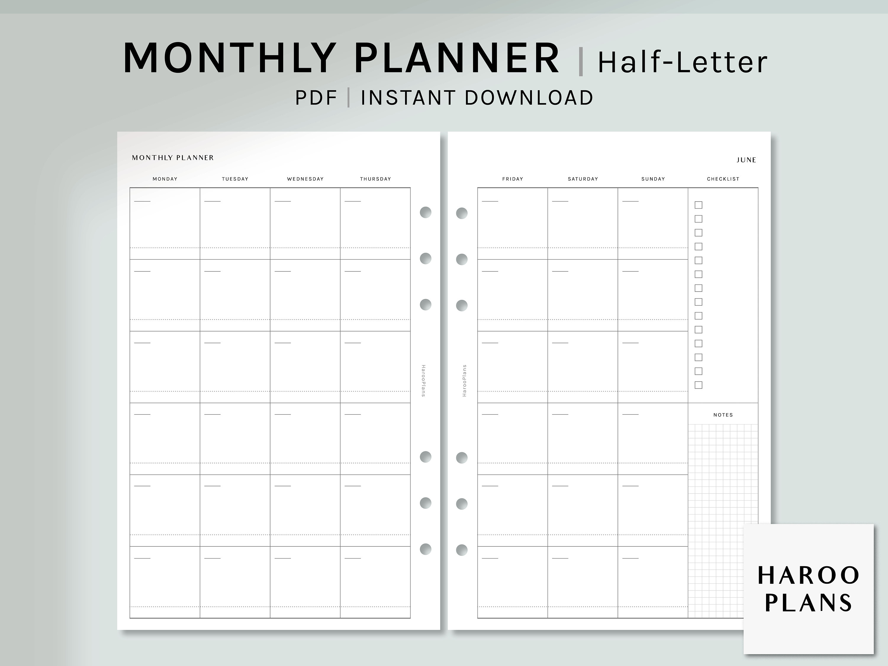 Undated Monthly Printable Planner Inserts | Half-letter | MO2P Template ...