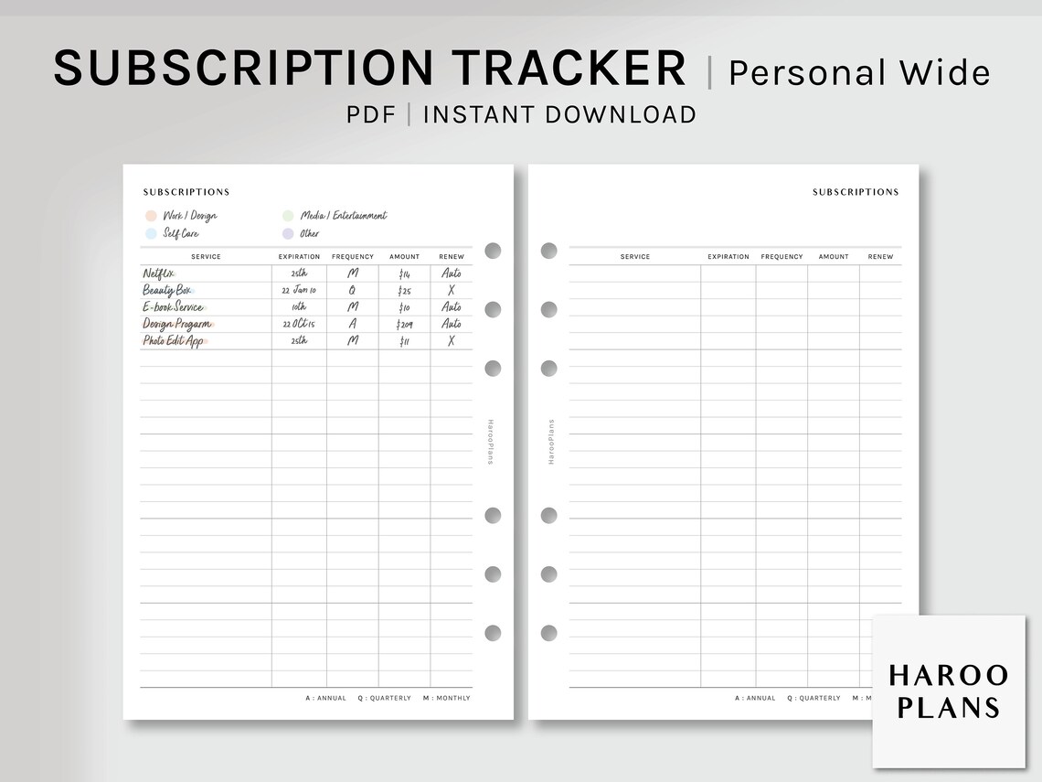 Subscription Tracker | Personal Wide Printable Planner Inserts ...