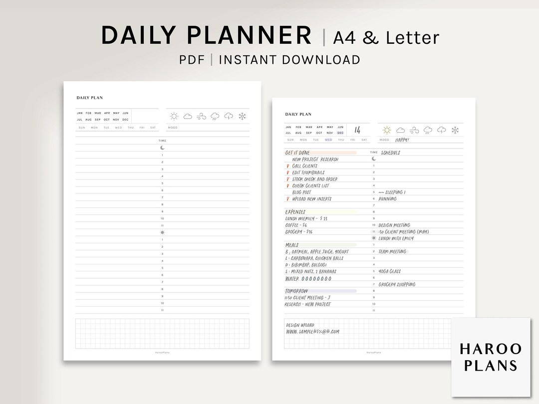 Daily Planner | A4, US Letter Printable Inserts | 24hours Schedule ...