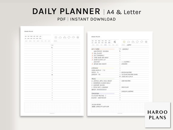 Daily Planner A4 US Letter Printable Inserts 24hours | Etsy