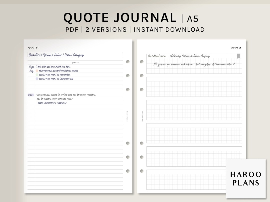 Quotes Journal | A5 Printable Planner Inserts | Reading Diary Template ...