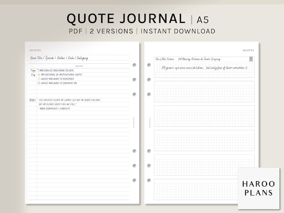 Quotes Journal A5 Printable Planner Inserts Reading Diary - Etsy