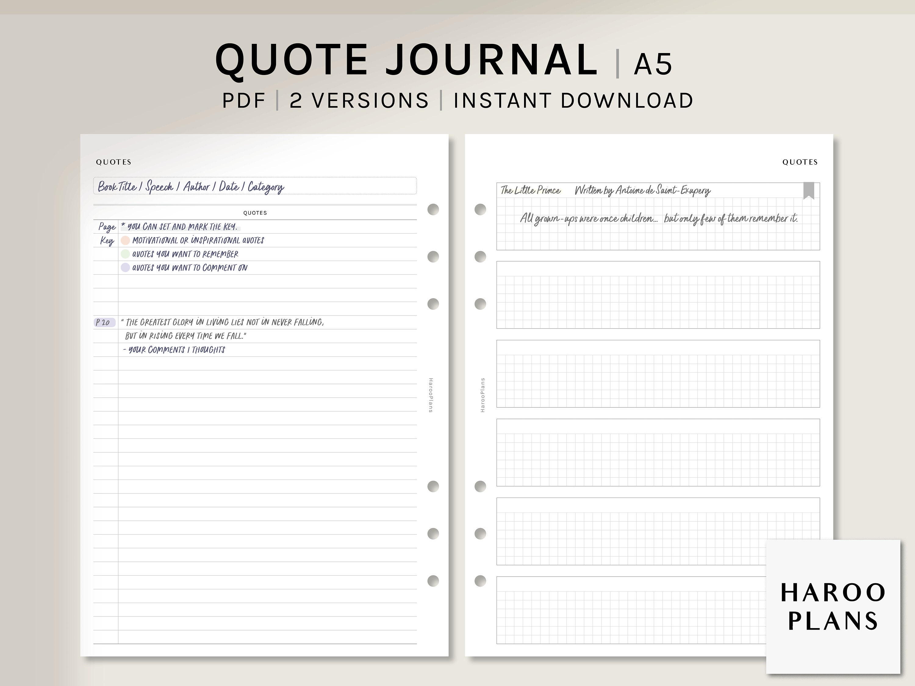 Quotes Journal | A5 Printable Planner Inserts | Reading Diary Template ...