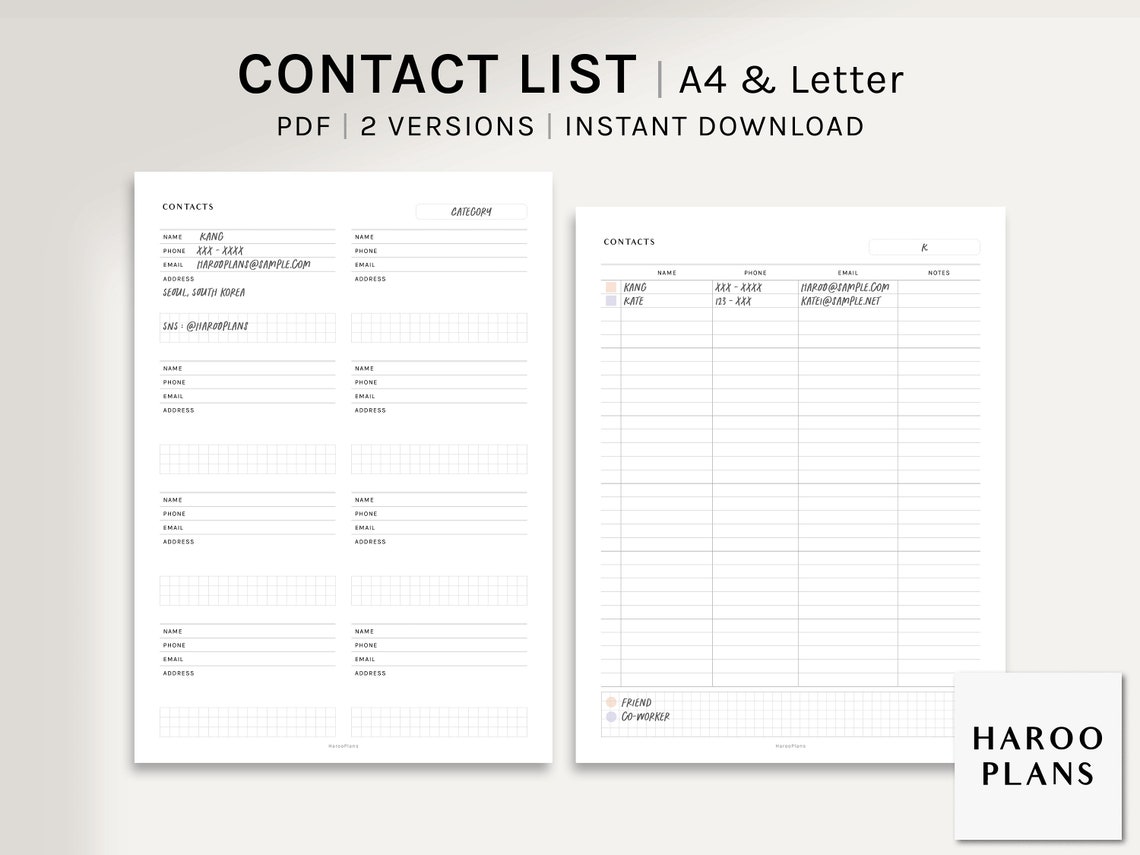 Contact List Sheet A4 US Letter Printable Planner Inserts - Etsy