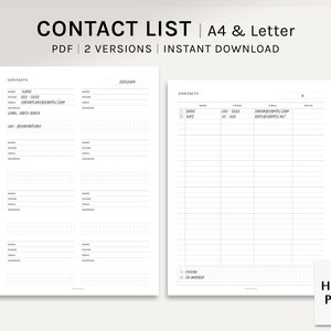 Contact List Sheet | A4, US Letter Printable Planner Inserts | Phone ...