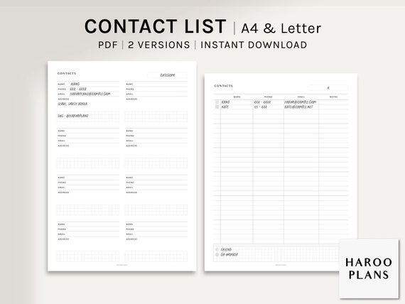 Contact List Sheet A4 US Letter Printable Planner Inserts - Etsy