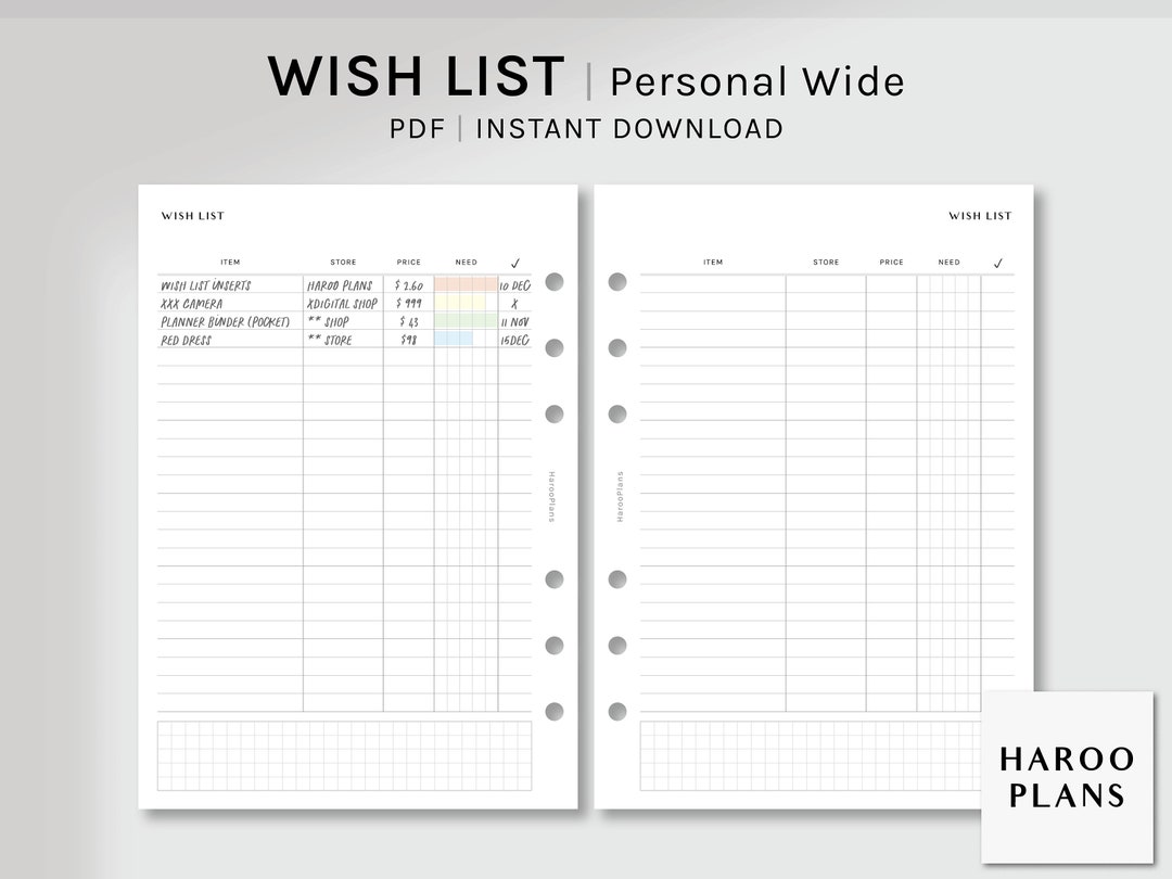 Wish List | Personal Wide Printable Planner Inserts | Wishlist Template ...