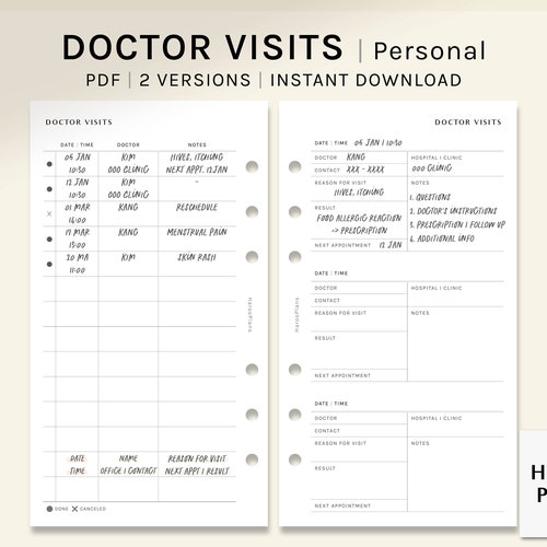 Doctor Visits Log Personal Size Printable Planner Inserts - Etsy
