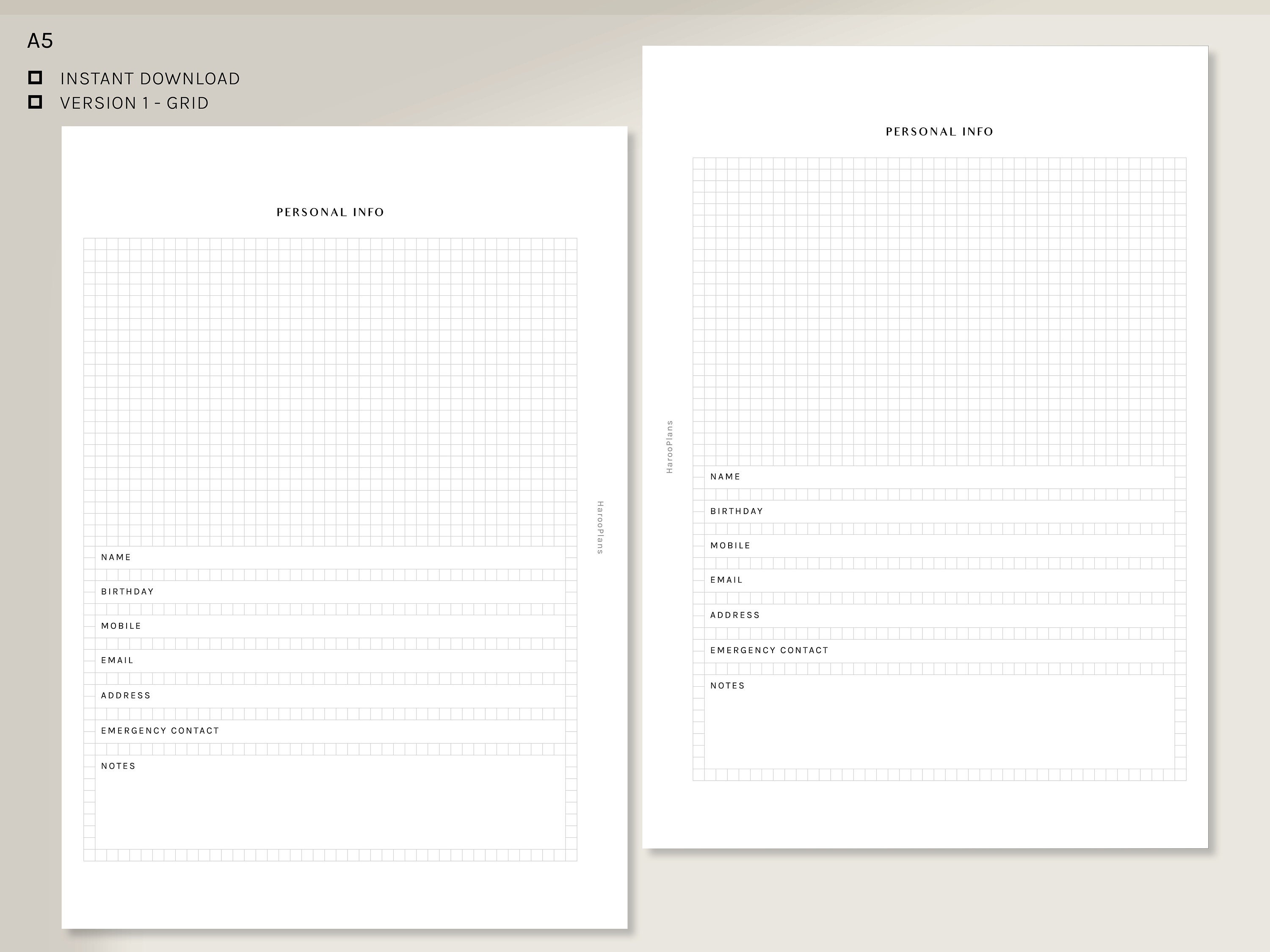 Personal Information Page | A5 | Personal Data Sheet Printable Planner ...