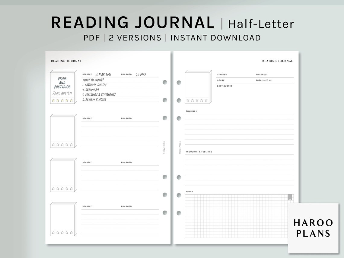 Reading Journal | Half-letter Printable Planner Inserts | Book Review ...