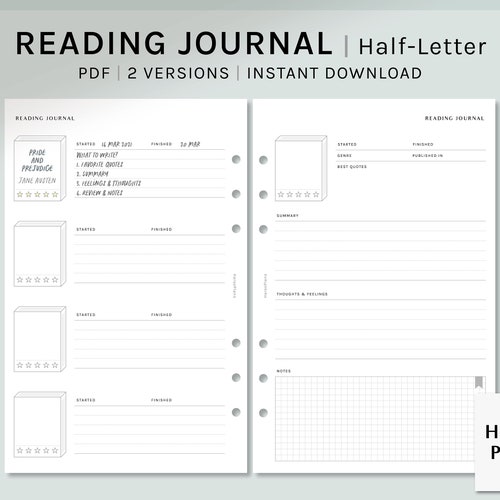 Reading Journal Printable Half-letter Book Notes Template - Etsy