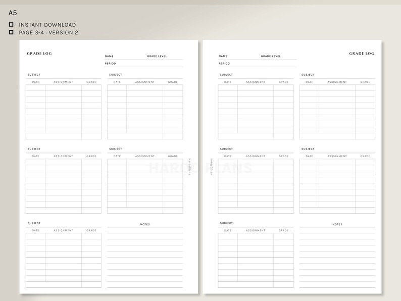 Grade Log Sheet A5 Printable Planner Inserts Simple - Etsy