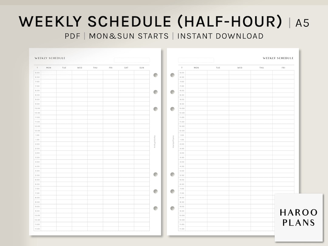 Half Hour Weekly Schedule Sheet | A5 Printable Planner Inserts | 30min ...