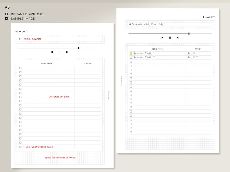Playlist Sheets A5 Printable Music Tracker Inserts - Etsy