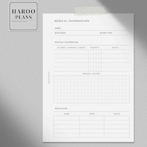 Medical Information Sheet | A6 Printable Planner Inserts | Simple ...