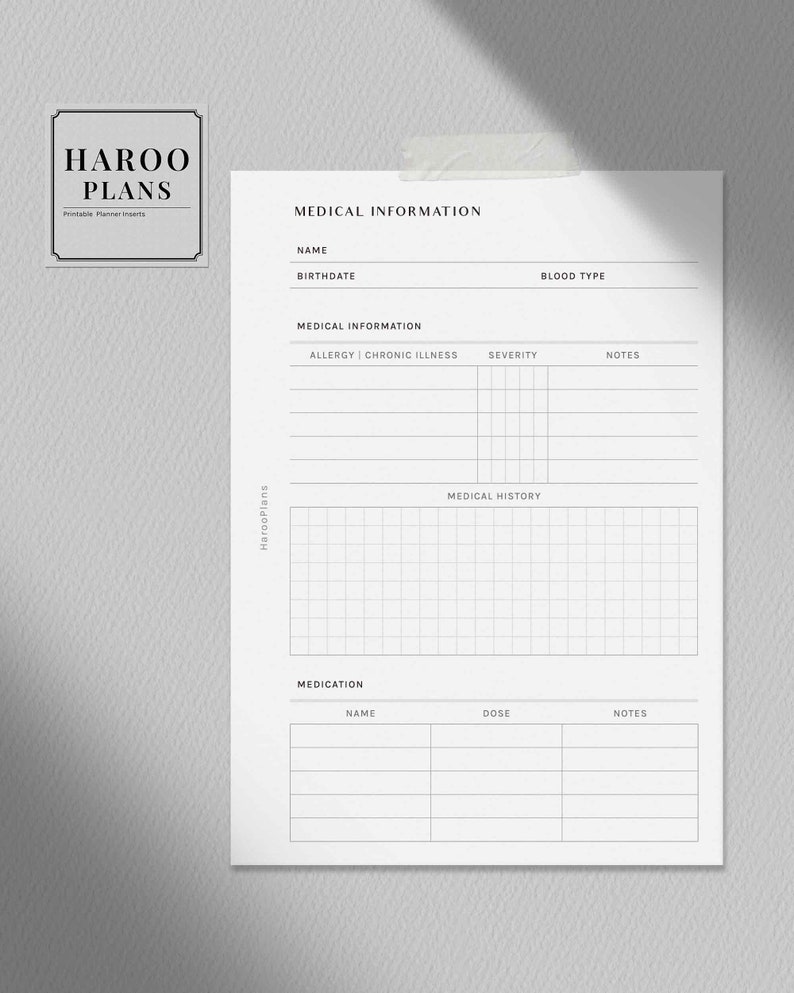 Medical Information Sheet A6 Printable Planner Inserts - Etsy