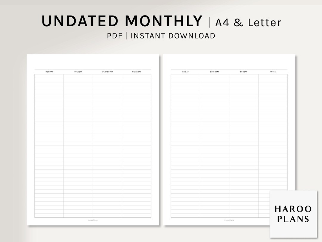 Undated Monthly | A4, US Letter Printable Planner Inserts | Lined ...