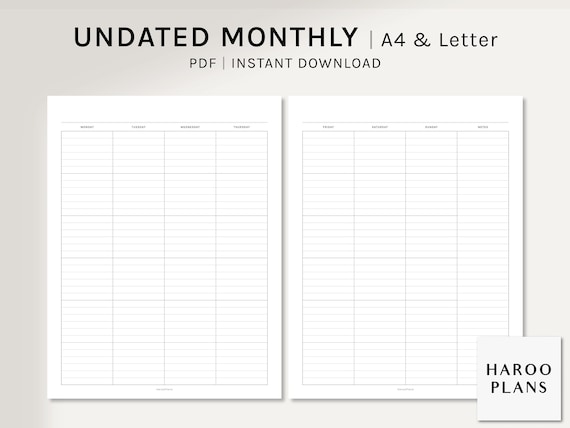 Undated Monthly A4 US Letter Printable Planner Inserts | Etsy