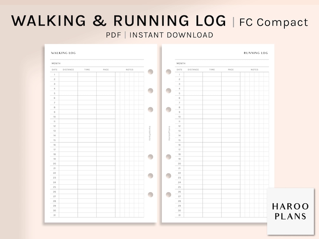 Walking & Running Log | FC Compact Printable Planner Inserts | Health ...