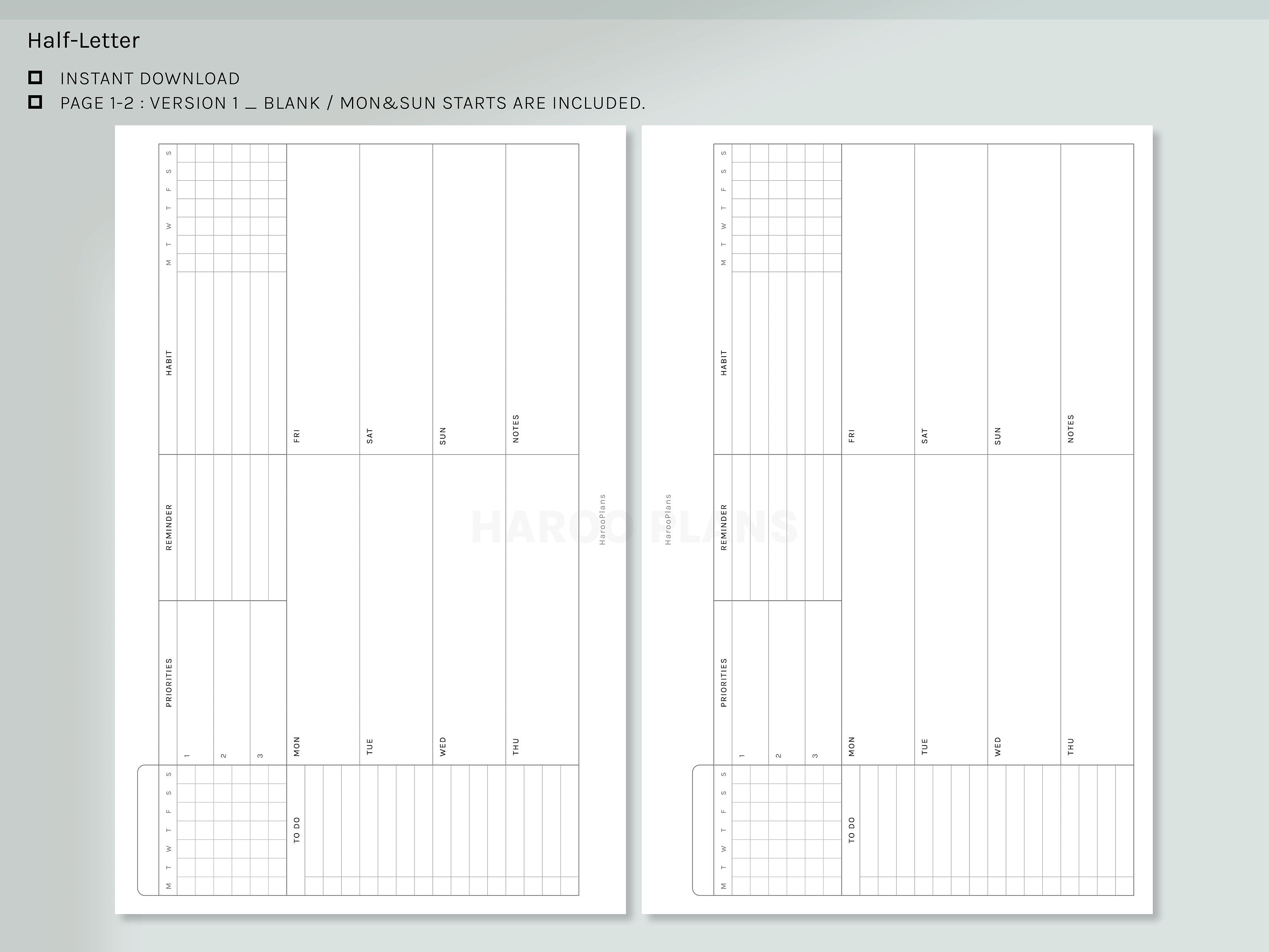 Undated Weekly Half-letter Printable Planner Inserts WO1P - Etsy