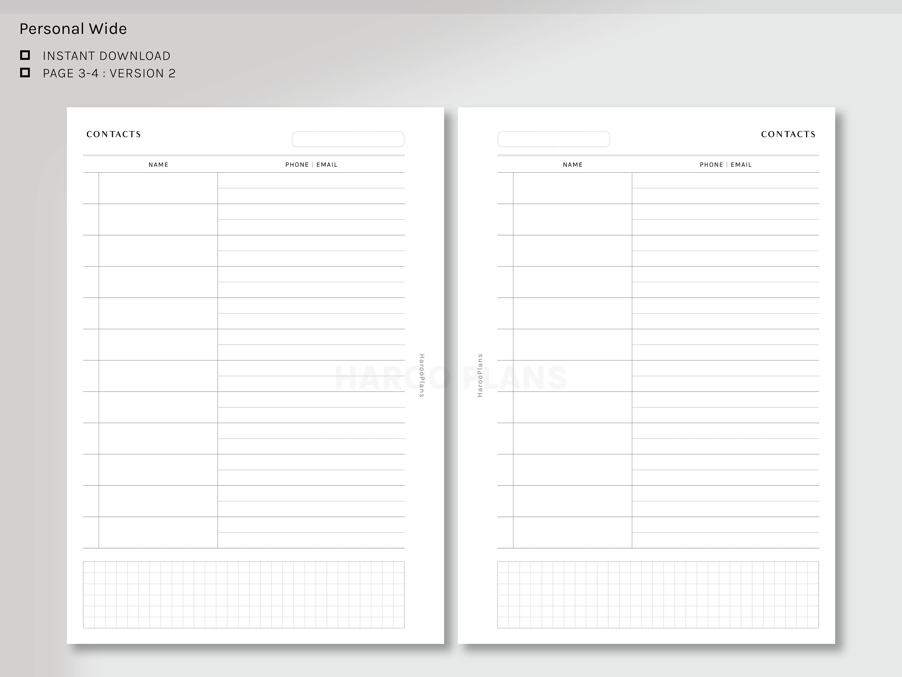 Contact List Personal Wide Printable Planner Inserts Phone - Etsy
