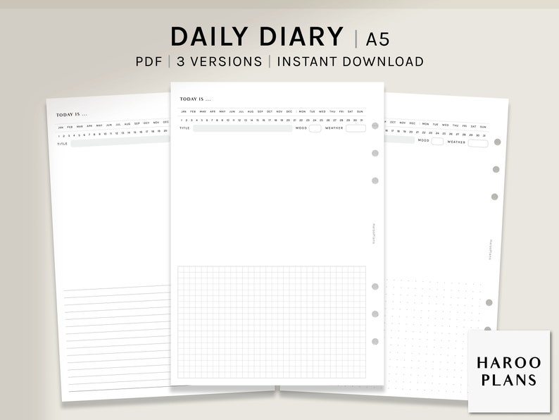 Daily Diary | A5 | Printable Planner Inserts | Blank Notepad | Idea ...