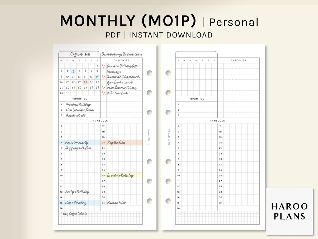 Monthly Planner | Personal Ring Printable Planner Inserts | Monthly ...
