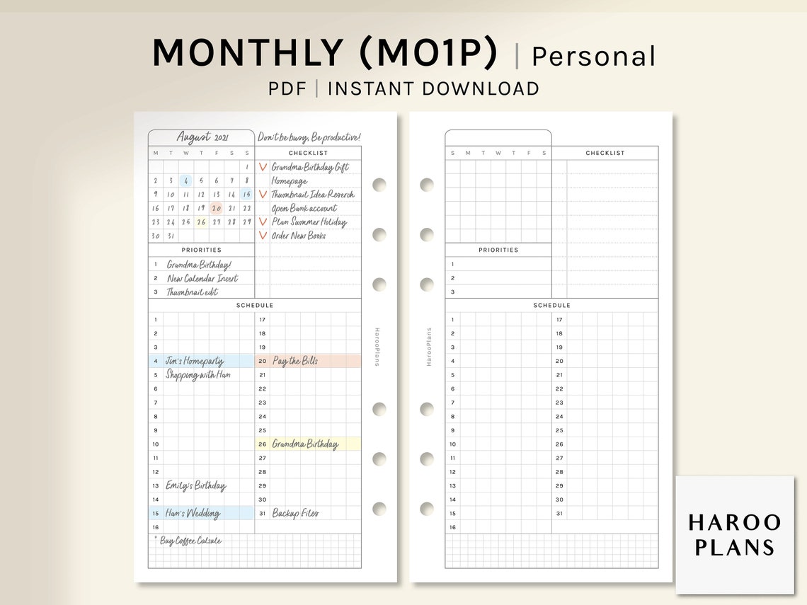 Monthly Planner Personal Ring Printable Planner Inserts | Etsy