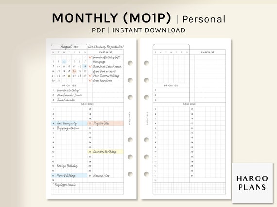 Monthly Planner Personal Ring Printable Planner Inserts - Etsy