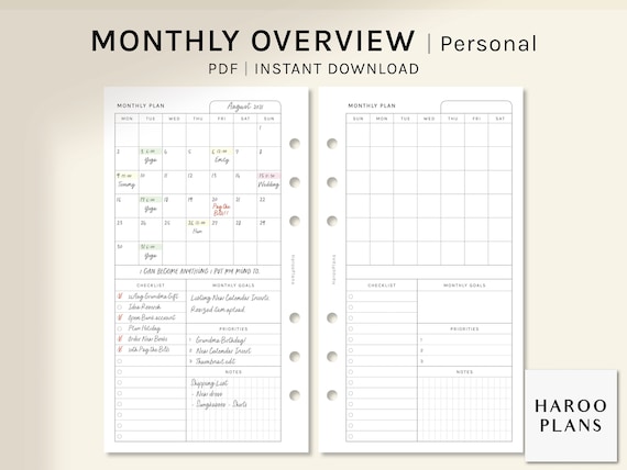 Monthly Overview Personal Ring Printable Planner Inserts - Etsy