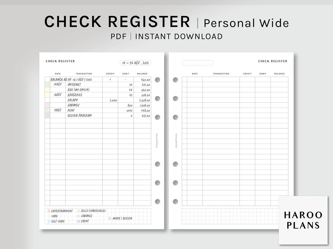 Check Register | Personal Wide Printable Planner Inserts | Checkbook ...