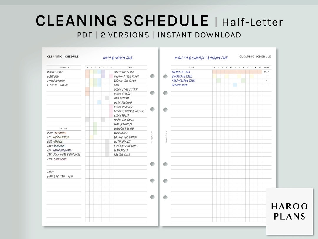 Cleaning Schedule | Half-letter Printable Planner Inserts ...