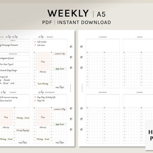 Weekly Planner | A5 Printable Planner Inserts | WO2P Layout Template ...