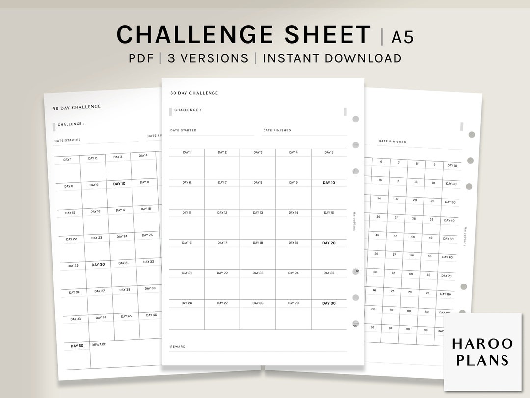 Challenge Sheet | A5 | Printable Planner Inserts | 30 50 100 Day Habit ...