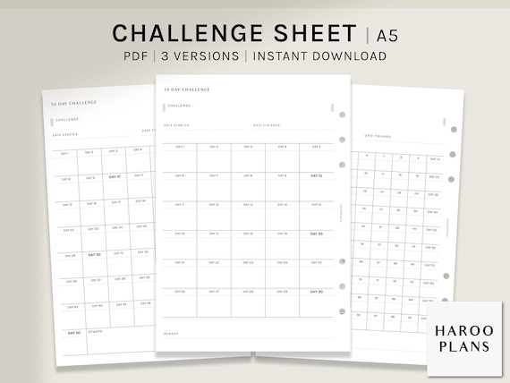 Challenge Sheet A5 Printable Planner Inserts 30 50 100 - Etsy
