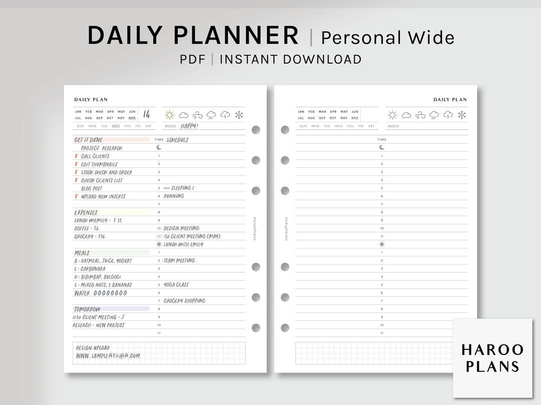 Daily Planner | Personal Wide Printable Inserts | 24hours Schedule ...