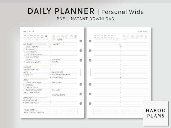 Daily Planner Personal Wide Printable Inserts 24hours - Etsy
