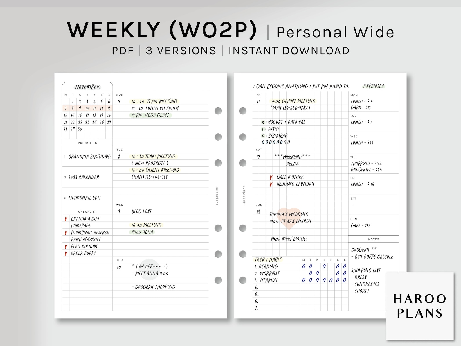 Undated Weekly | Personal Wide Printable Planner Inserts | WO2P ...