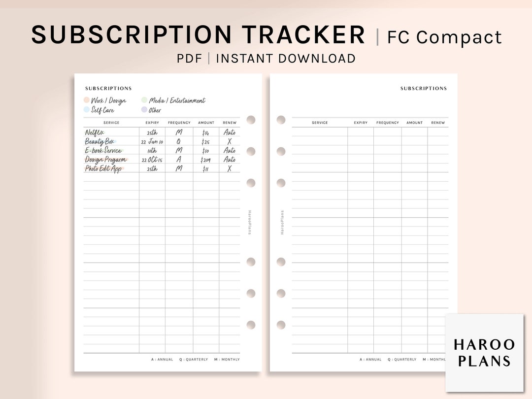 Subscription Tracker | FC Compact Printable Planner Inserts ...